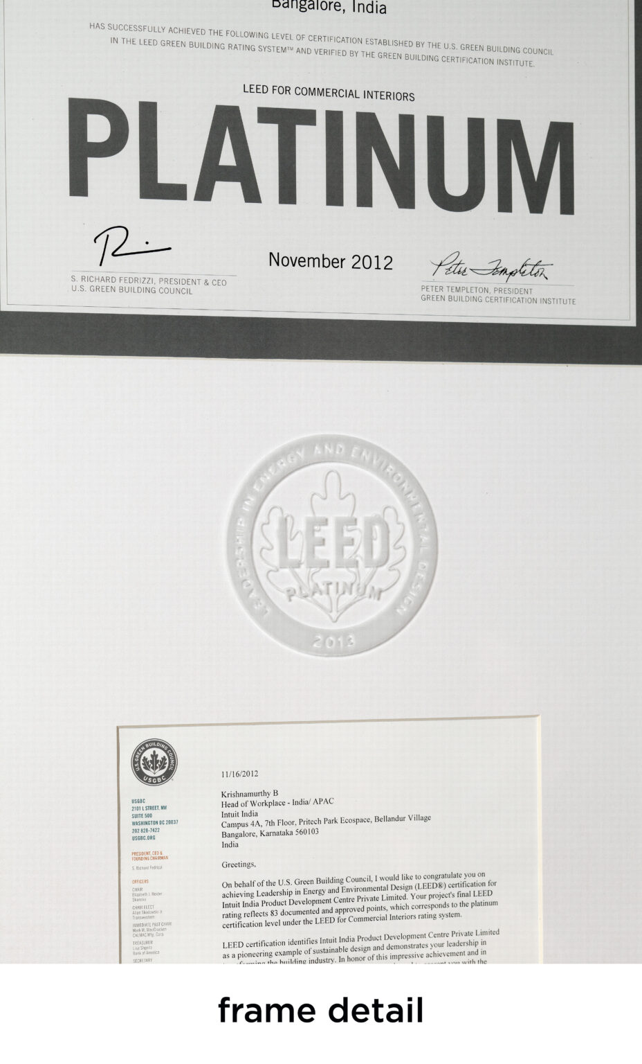 LEED Certificate & Letter in Aluminum Frame – Green Plaque